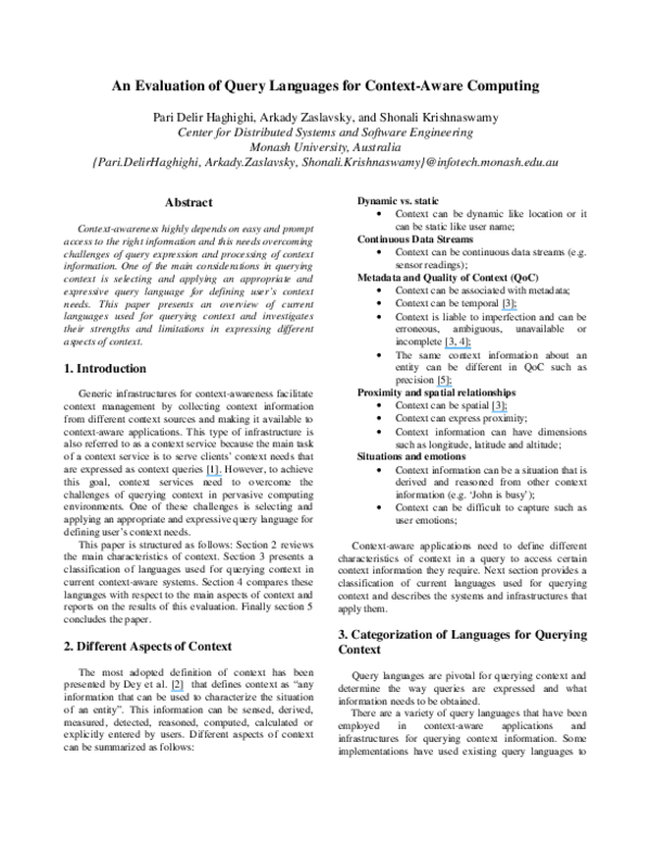 Pdf An Evaluation Of Query Languages For Context Aware Computing Pari Delir Haghighi 