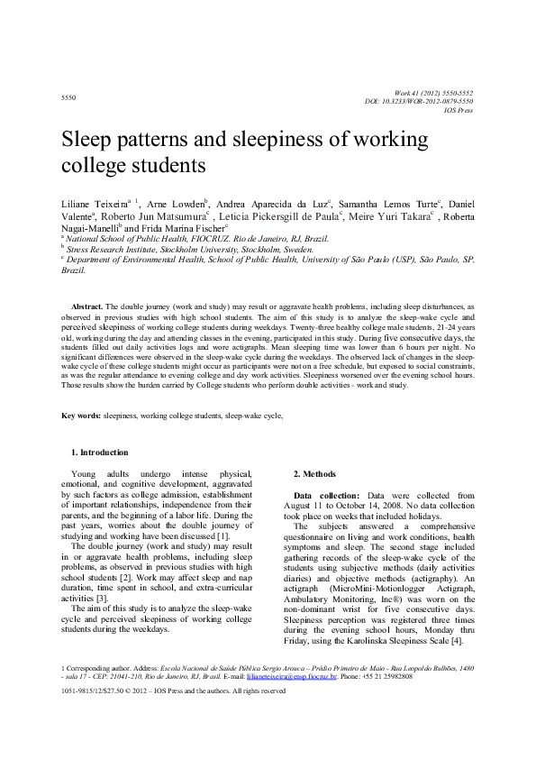 (PDF) Sleep patterns and sleepiness of working college students