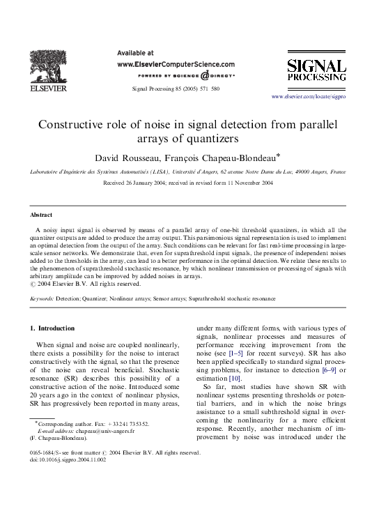 Pdf Constructive Role Of Noise In Signal Detection From Parallel Arrays Of Quantizers