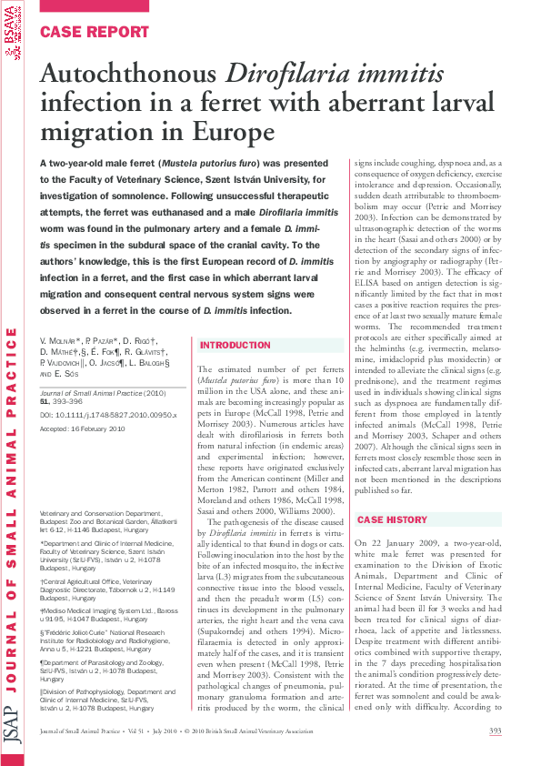 (PDF) Autochthonous Dirofilaria immitis infection in a ferret with aberrant larval migration in ...