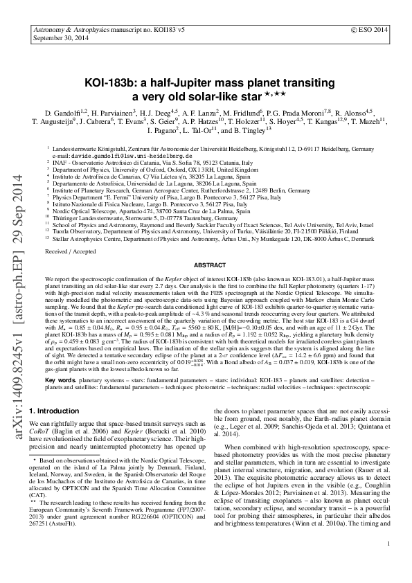 (PDF) Kepler-423b: a half-Jupiter mass planet transiting a very old solar-like star