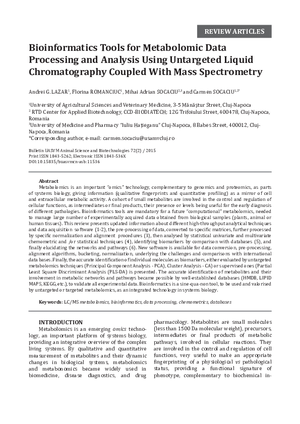 (PDF) Bioinformatics Tools for Metabolomic Data Processing and Analysis Using Untargeted Liquid ...