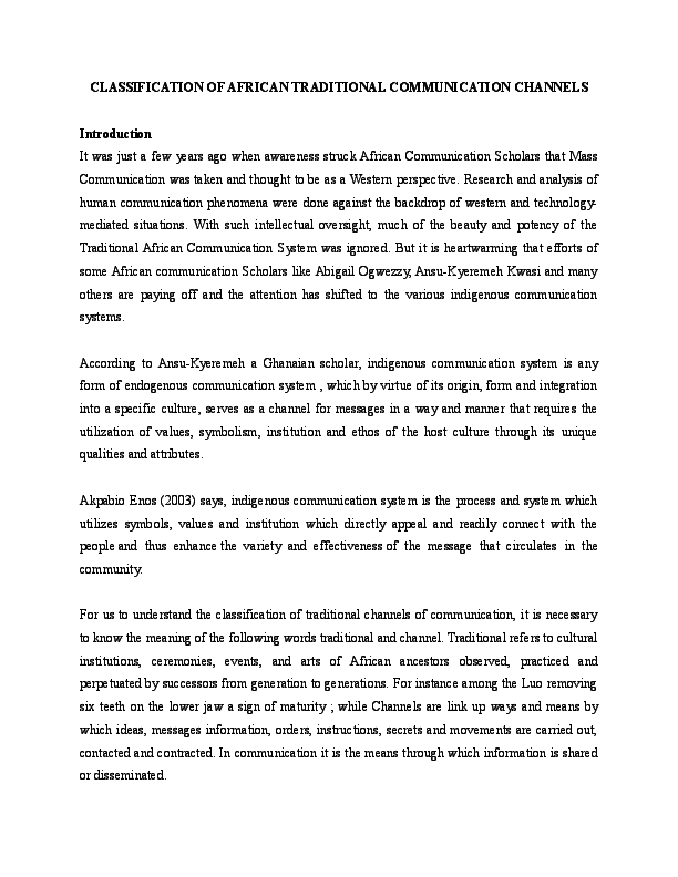 (DOC) CLASSIFICATION OF AFRICAN TRADITIONAL COMMUNICATION CHANNELS
