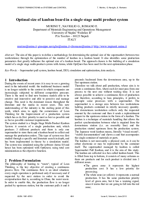 (PDF) Optimal size of kanban board in a single stage multi product system