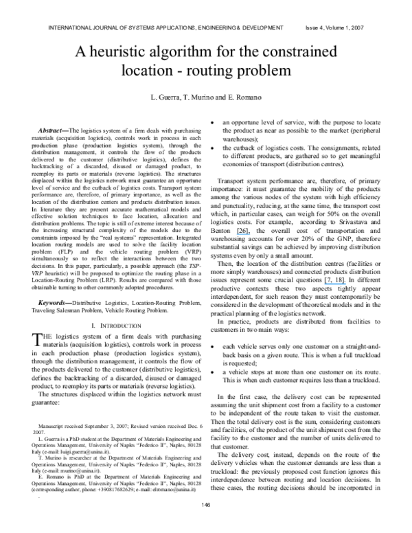 Pdf A Heuristic Algorithm For The Constrained Location Routing Problem