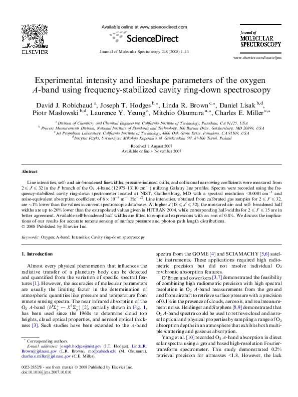 (PDF) Experimental intensity and lineshape parameters of the oxygen A-band using frequency ...