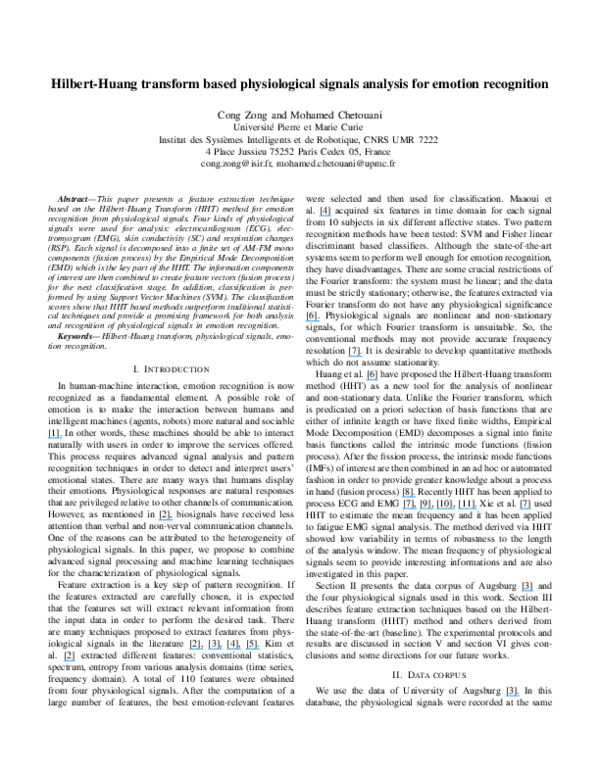 (PDF) Hilbert-Huang transform based physiological signals analysis for emotion recognition