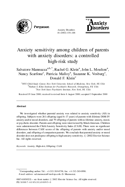 (PDF) Anxiety sensitivity among children of parents with anxiety ...