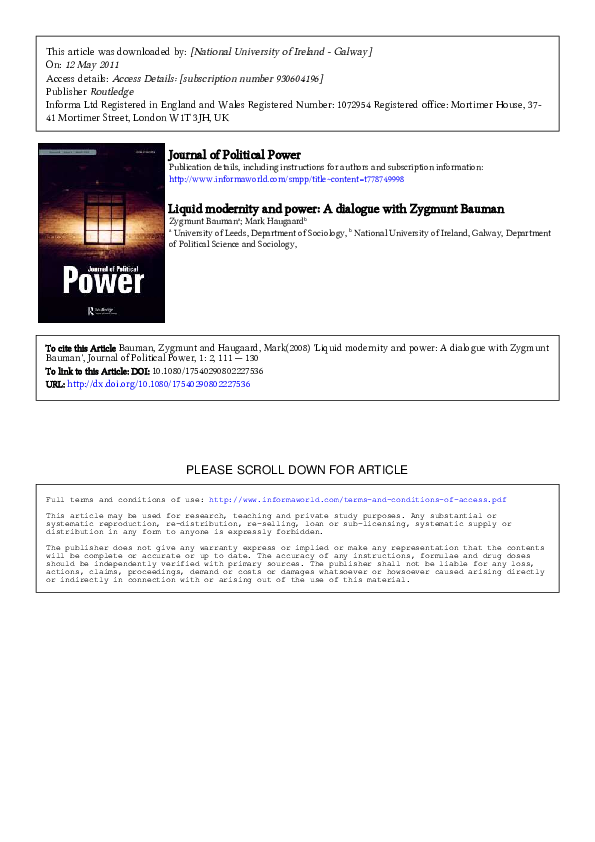 (PDF) Liquid modernity and power: A dialogue with Zygmunt Bauman