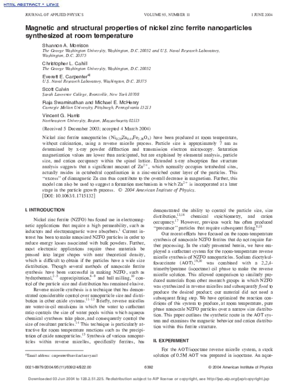 (PDF) Magnetic and structural properties of nickel zinc ferrite nanoparticles synthesized at ...