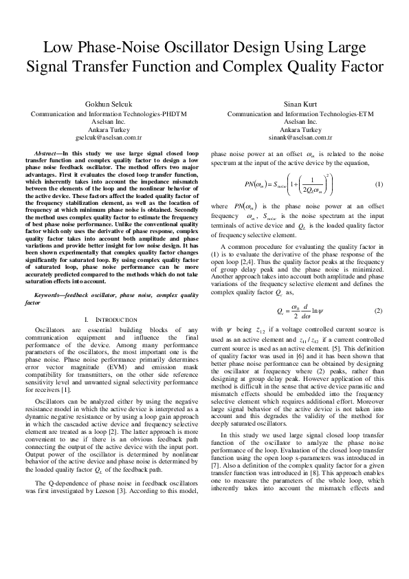 (PDF) Low Phase-Noise Oscillator Design Using Large Signal Transfer Function and Complex Quality ...