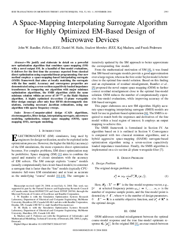 Pdf A Space Mapping Interpolating Surrogate Algorithm For Highly Optimized Em Based Design Of