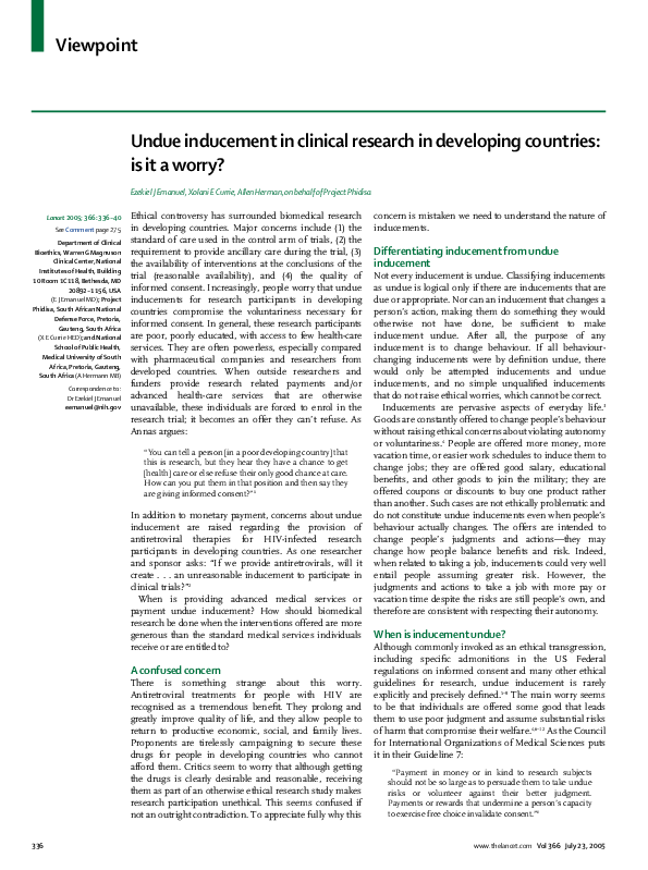 (PDF) Undue inducement in clinical research in developing countries: is ...
