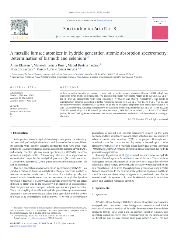 (PDF) A metallic furnace atomizer in hydride generation atomic ...