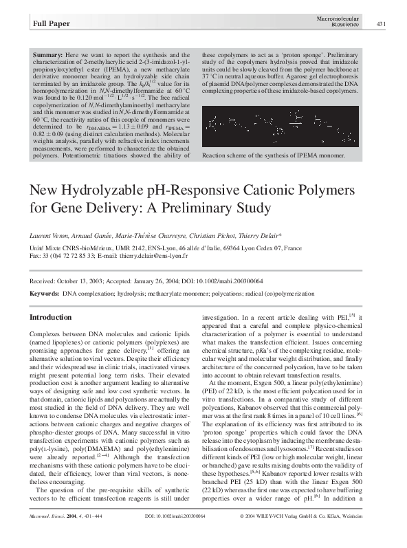 (PDF) New Hydrolyzable pH-Responsive Cationic Polymers for Gene ...