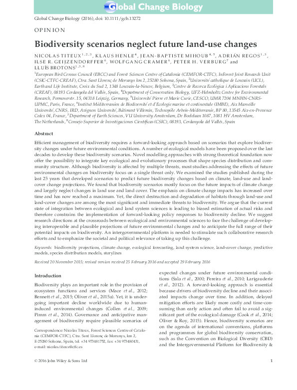 (PDF) Biodiversity scenarios neglect future land-use changes