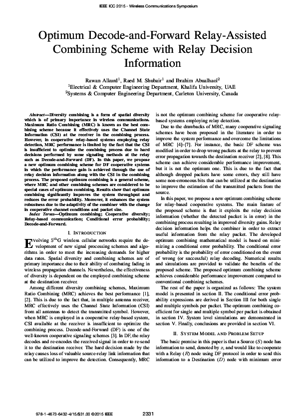 (PDF) Optimum Decode-and-Forward Relay-Assisted Combining Scheme with Relay Decision Information