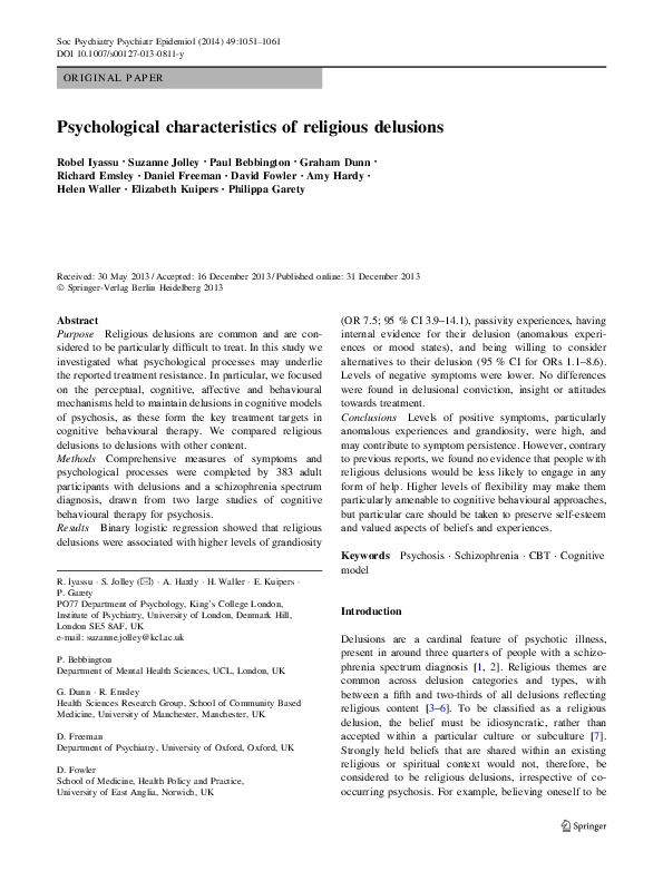 (PDF) Psychological characteristics of religious delusions