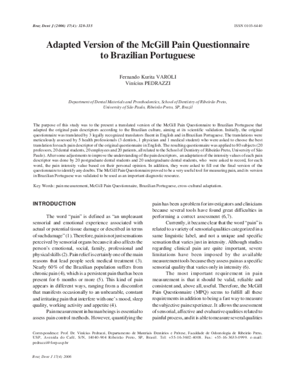 (PDF) Adapted version of the mcgill pain questionnaire to Brazilian ...