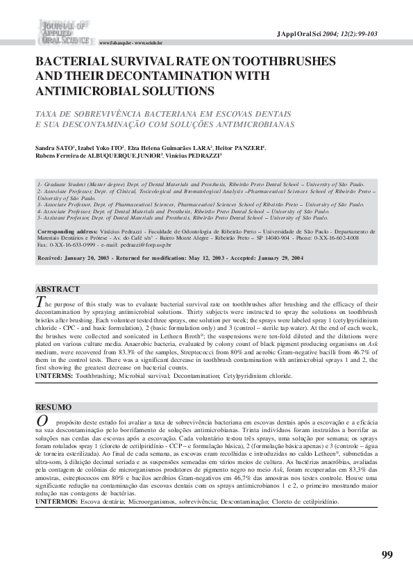 (PDF) Bacterial survival rate on toothbrushes and their decontamination ...