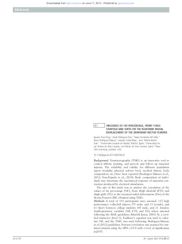 (PDF) Influence of Fat Percentage, Front Thigh Skinfold and Girth on ...