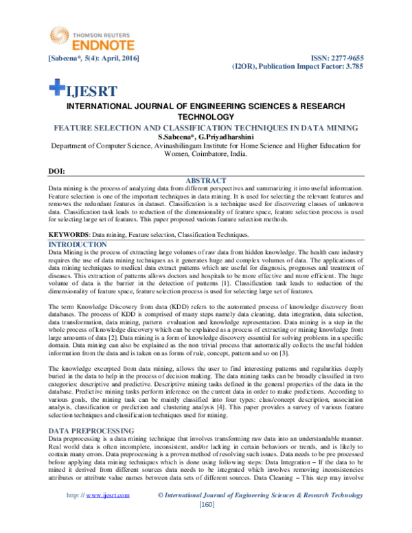 (PDF) FEATURE SELECTION AND CLASSIFICATION TECHNIQUES IN DATA MINING
