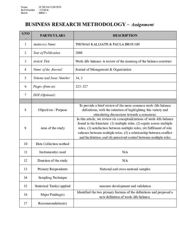 (DOC) BUSINESS RESEARCH METHODOLOGY – Assignment Work–life balance: A ...