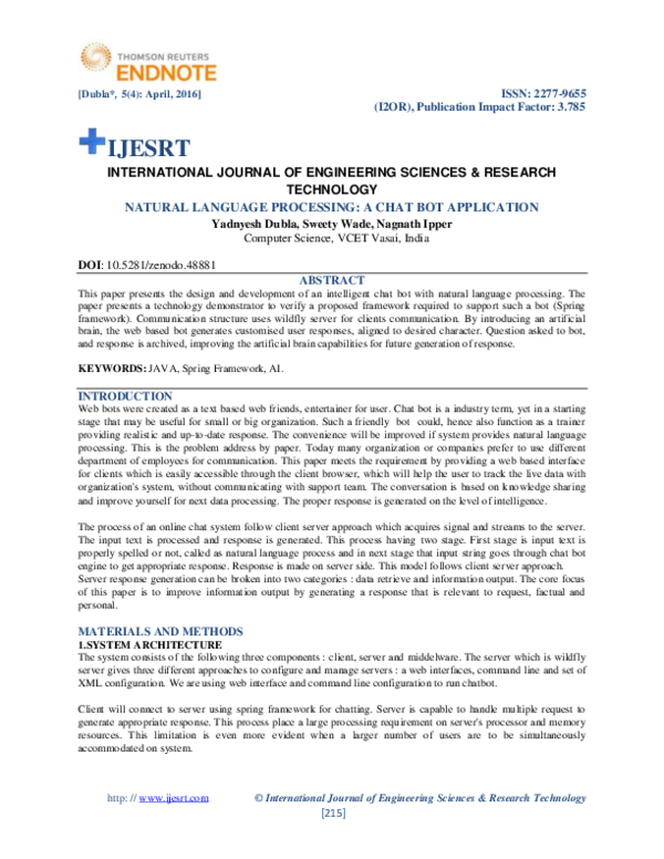 Pdf Natural Language Processing A Chat Bot Application