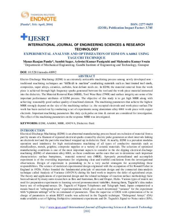 Pdf Experimental Analysis And Optimization Of Edm On Aa6061 Using Taguchi Technique