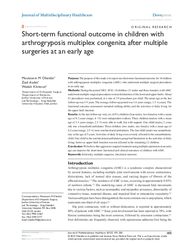(PDF) Short-term functional outcome in children with arthrogryposis ...