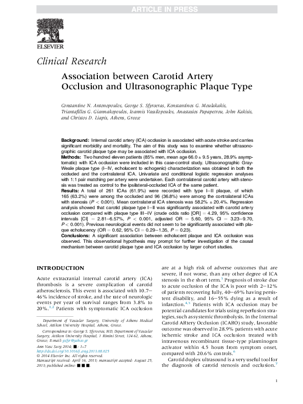 (PDF) Association between Carotid Artery Occlusion and Ultrasonographic ... (PDF) Association between Carotid Artery Occlusion and Ultrasonographic ...