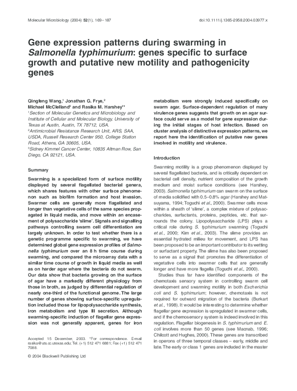 (PDF) Gene expression patterns during swarming in Salmonella ...