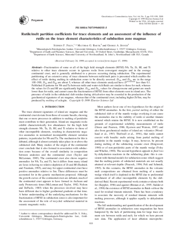 (PDF) Rutile/melt partition coefficients for trace elements and an assessment of the influence ...