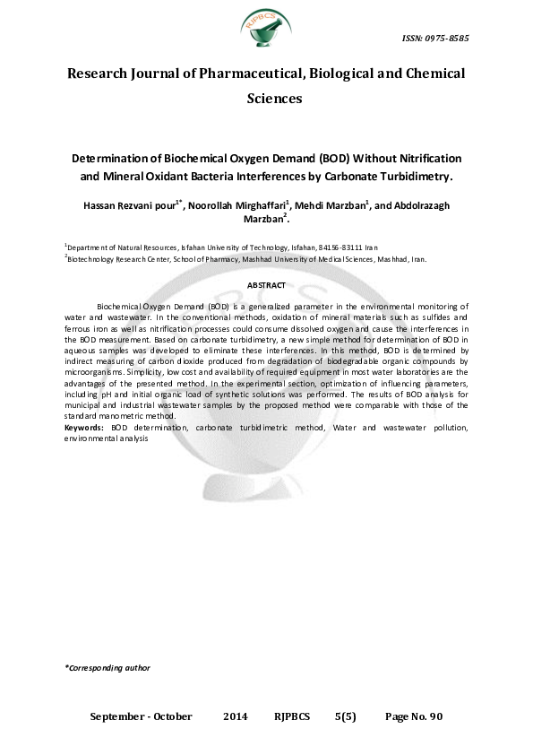 (PDF) Determination of Biochemical Oxygen Demand (BOD) Without ...