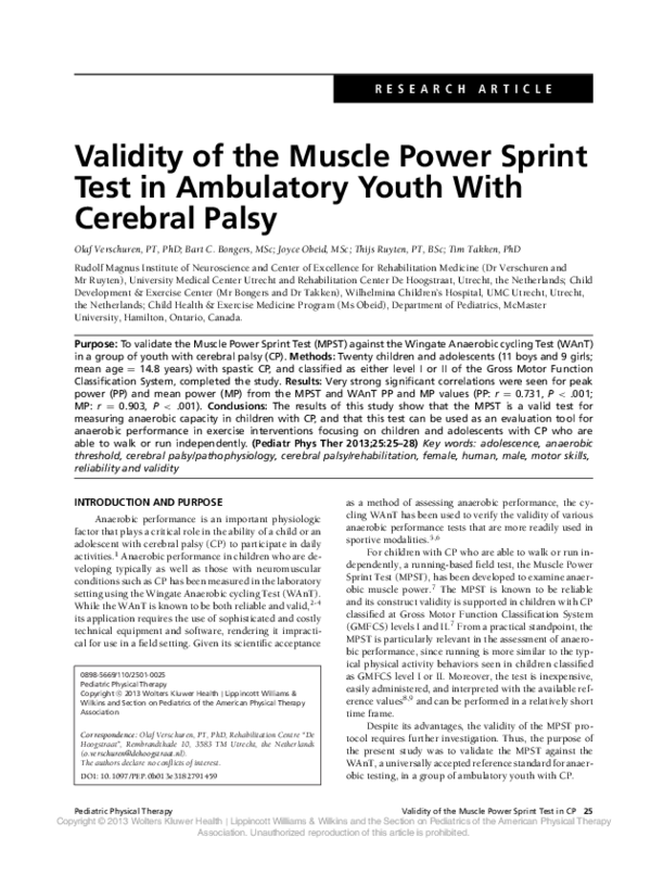 (PDF) Validity of the Muscle Power Sprint Test in Ambulatory Youth With ...