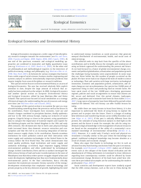 (PDF) Ecological Economics and Environmental History