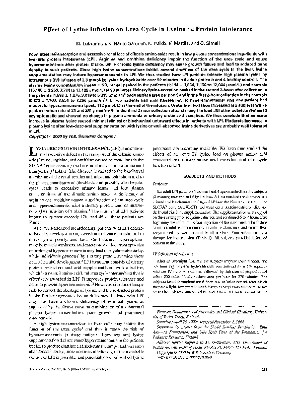 (PDF) Effect of lysine infusion on urea cycle in lysinuric protein ...