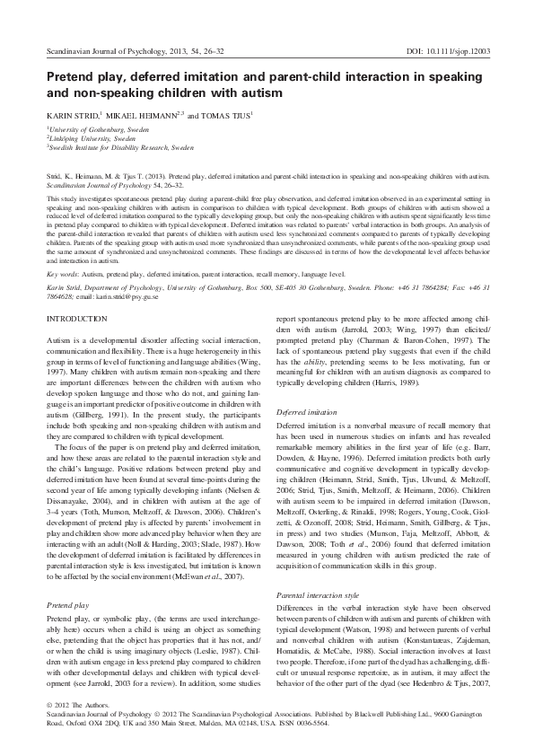 (PDF) Pretend play, deferred imitation and parent-child interaction in speaking and non-speaking ...