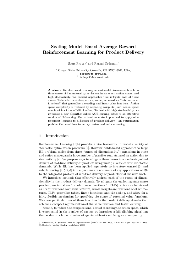 Pdf Scaling Model Based Average Reward Reinforcement Learning For Product Delivery