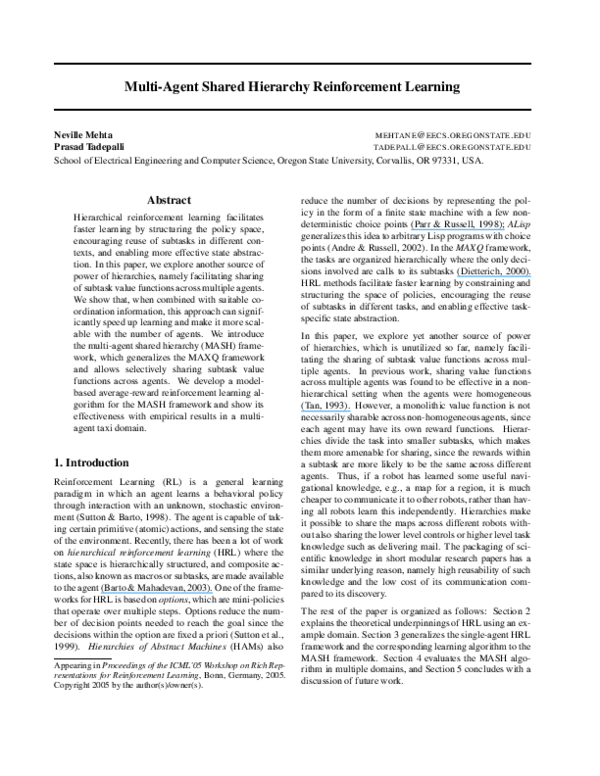 Pdf Multi Agent Shared Hierarchy Reinforcement Learning