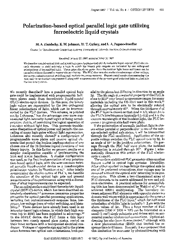 Pdf Polarization Based Optical Parallel Logic Gate Utilizing
