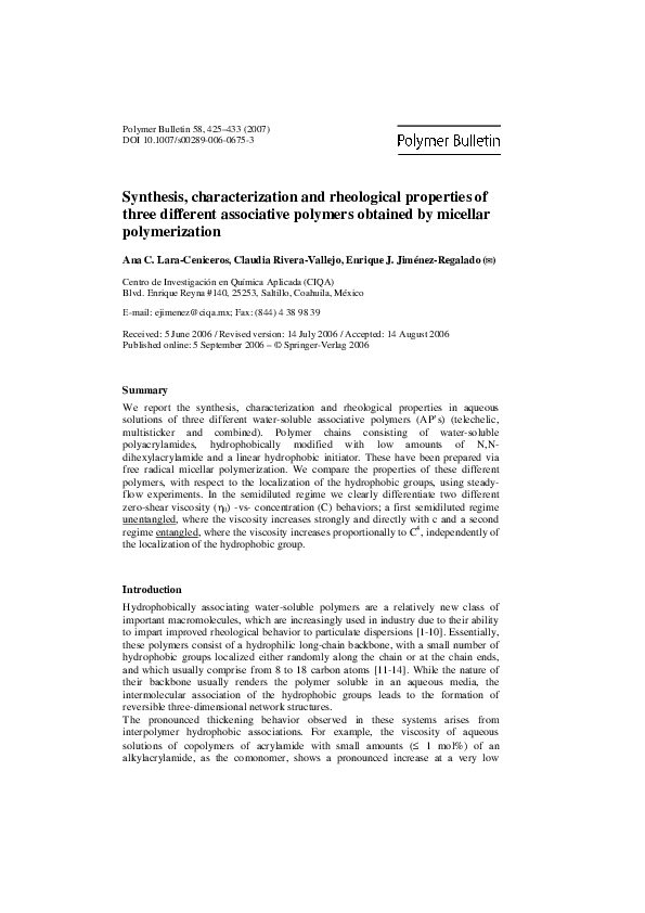 (PDF) Synthesis, characterization and rheological properties of three ...