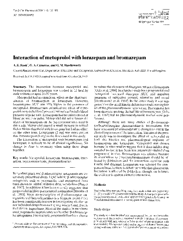 (PDF) Interaction of metoprolol with lorazepam and bromazepam
