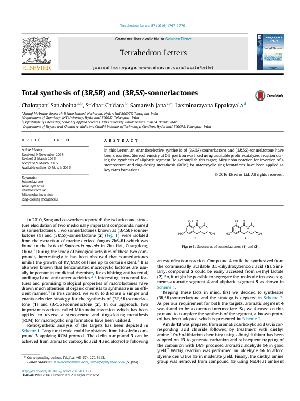 (PDF) Total synthesis of (3R,5R) and (3R,5S)-sonnerlactones