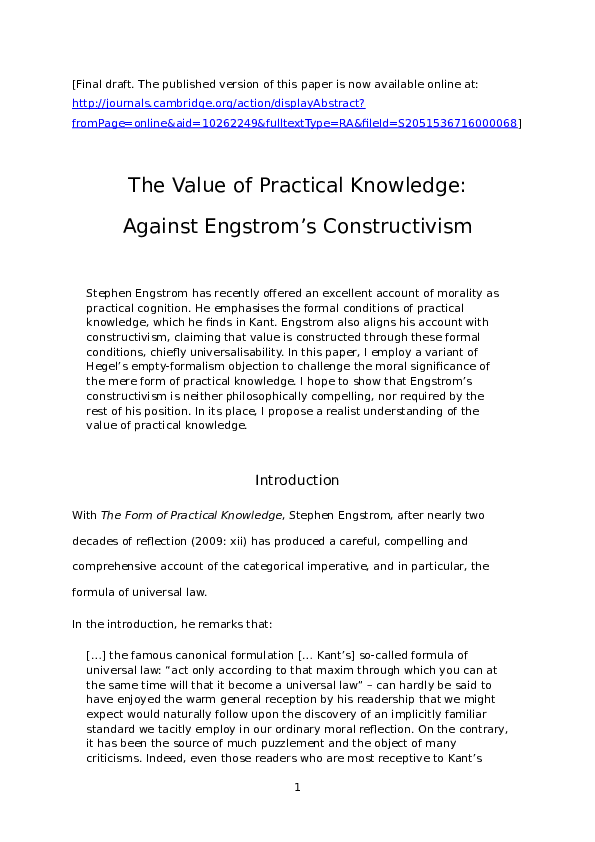 (DOC) The Value of Practical Knowledge: Against Engstrom's Constructivism