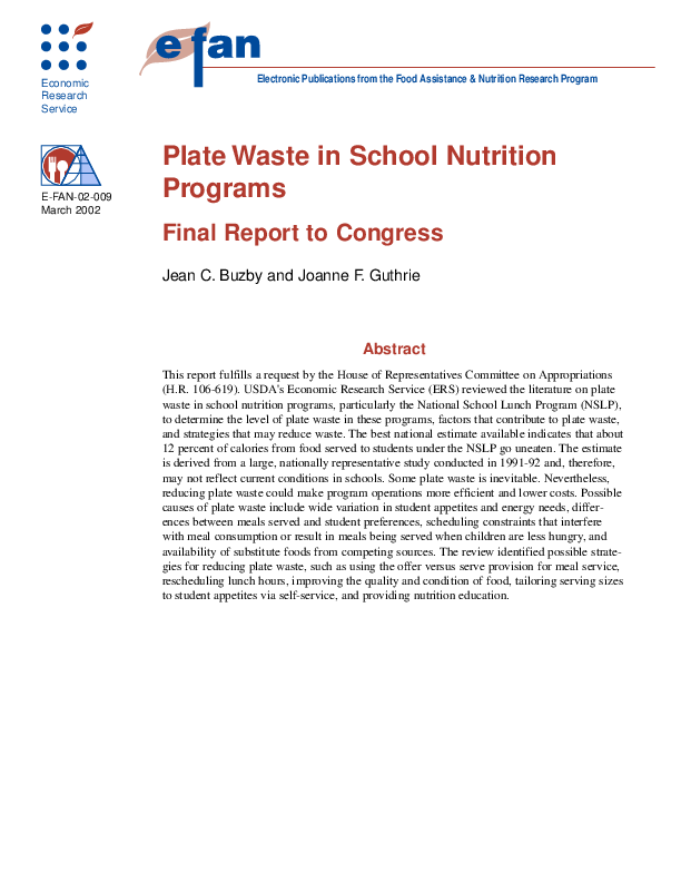 (PDF) Plate waste in school nutrition programs final report to Congress