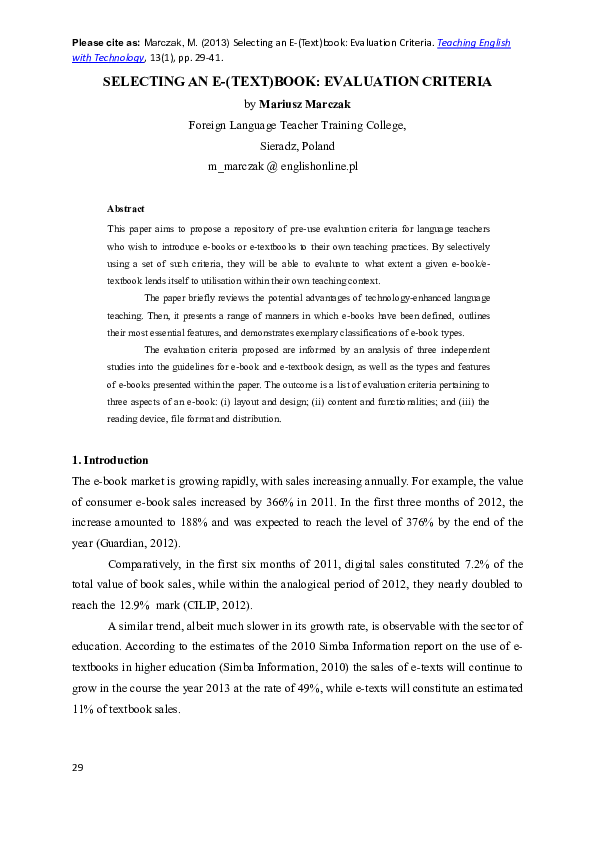 SELECTING AN E-(TEXT)BOOK: EVALUATION CRITERIA