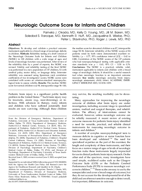 (PDF) Neurologic Outcome Score for Infants and Children