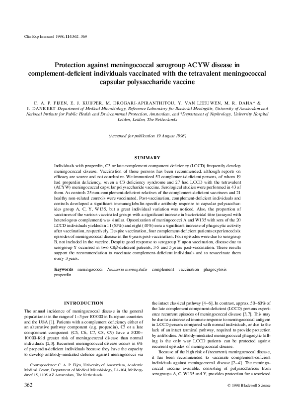 (PDF) Deficiency of the eighth component of complement associated with recurrent meningococcal ...