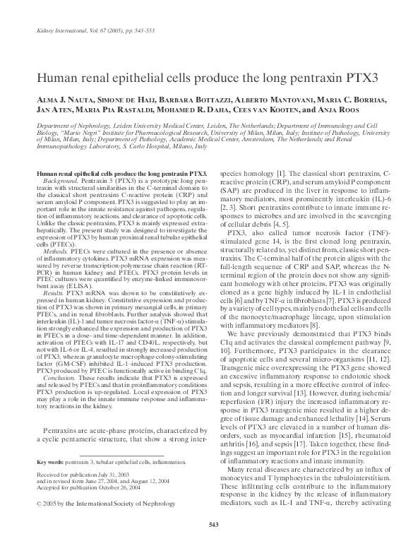 (PDF) Human renal epithelial cells produce the long pentraxin PTX3